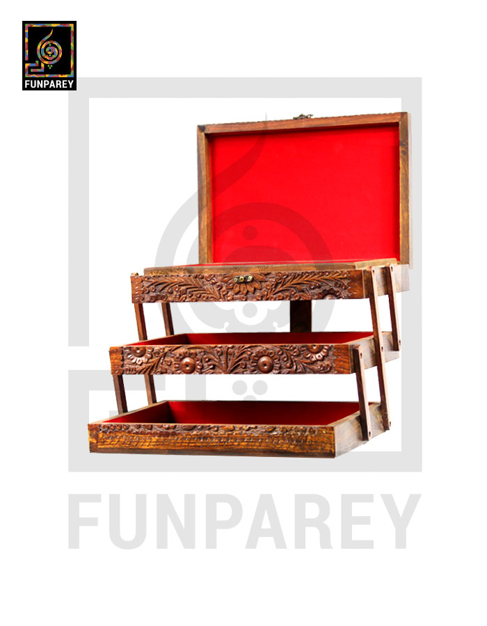 Hand Carved Wooden Premium 3 Tiered Trinket Box 9/13 - Funparey